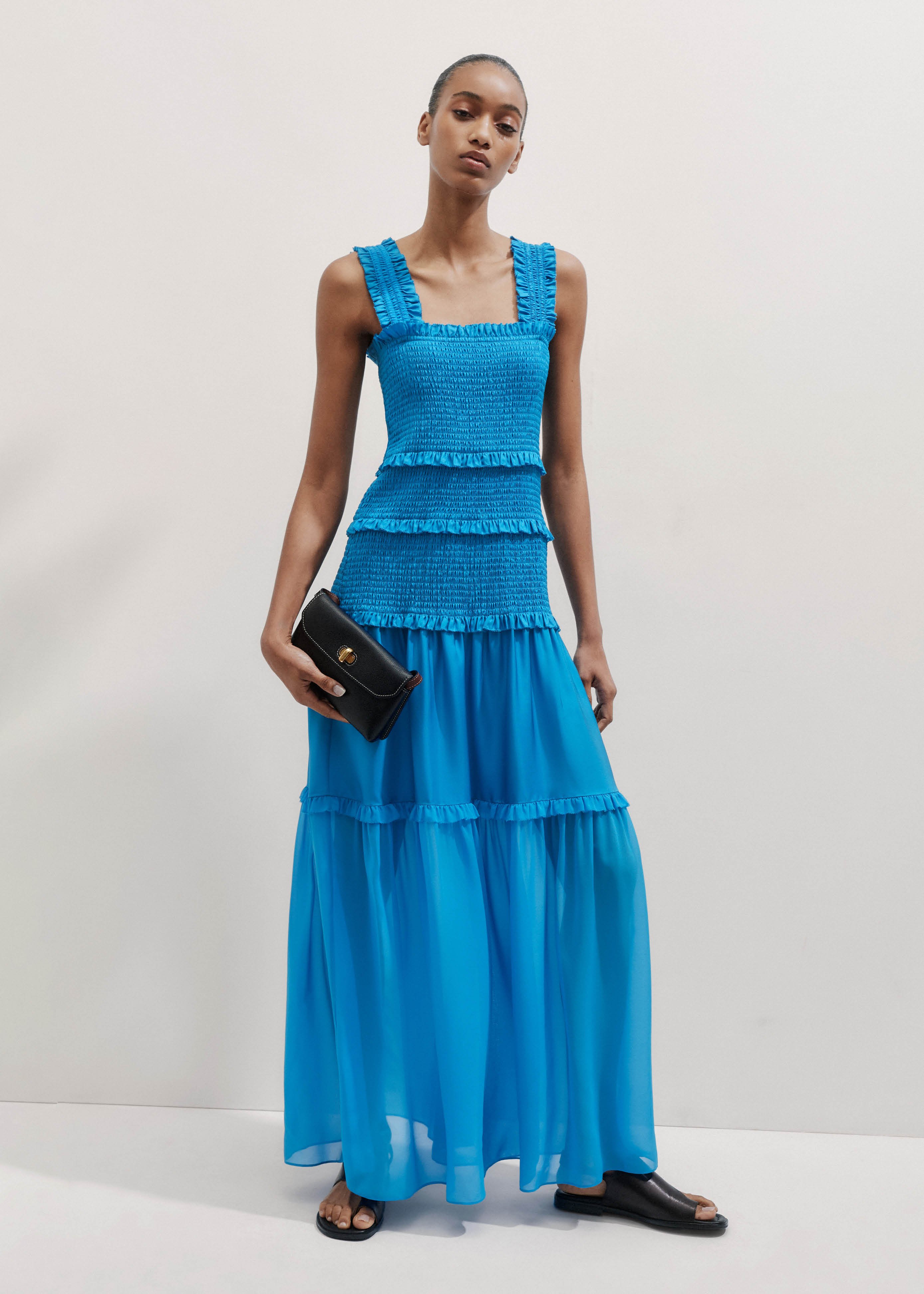 Me+Em Silk-Blend Shirred Maxi Dress - Topaz Blue - 30% Off